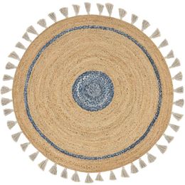 Beliani - Teppich Beige / Blau Jute und Baumwolle Rund ⌀ 140 cm Kurzflor mit Kreisen Quasten Handgewebt Boho für Fußbodenheizung Wohnzimmer Esszimmer