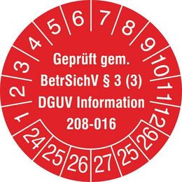 SafetyMarking® SafetyMarking 31.C2170.24-29 Prüfplakette Geprüft gem. BetrSichV §3 (3), DGUV Information 208-016 2024-2029 Rot/Weiß Folie selbstklebend (Ø) 3 cm 3 cm 500 St.