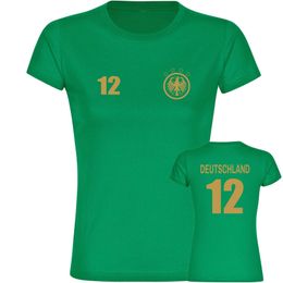 multifanshop Damen T-Shirt - Deutschland - Adler Retro Trikot 12 Gold - Druck gold metallic - Frauen