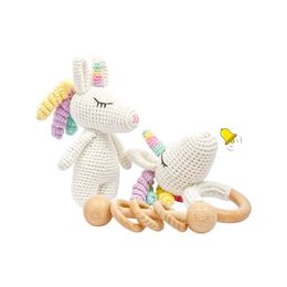 Handgestrickter Einhorn Rainbow Set Babyrassel Holz Baumwolle 16 cm