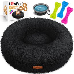 LOVPET® Hundebett Hundekissen Katzenbett Bagel, Waschbar, Inkl. Napf + 3x Kauknochen, Hundesofa flauschig Kissen Rund aus Plüsch für Kleine, Mittelgroße & Große Hunde, Katzen