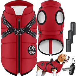 LOVPET® Hundejacke Hundemantel mit Geschirr, inkl. 45 Stück Kotbeutel + Spender, Hunde Winterweste gefüttert wasserdicht, Gepolsterte Weste Mit Brustgurt, Reflektoren, D-Ring