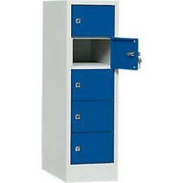 Schließfachschrank, Stahlbl., Türanschl. rechts, Zylinderschloss, 5 Fächer, B 300 x H 965 mm, l.grau RAL 7035/e.blau RAL 5010