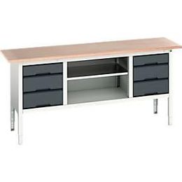 Kastenwerkbank Bott verso, mit Multiplex-Platte, 6 Schubladen & 1 Ablageboden, B 2000 x T 600 x H 830 - 930 mm, RAL 7035 Lichtgrau / RAL 7016 Anthrazitgrau