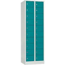 Schließfachschrank, Stahlbl., Türanschl. rechts, Zylinderschloss, 20 Fächer, B 600 x H 1800 mm, l.grau RAL 7035/w.blau RAL 5021