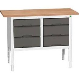 Kastenwerkbank Bott verso, Multiplex-Platte, 6 Schubladen, B 1250 x T 600 x H 830 - 930 mm, RAL 7035 Lichtgrau / Anthrazitgrau