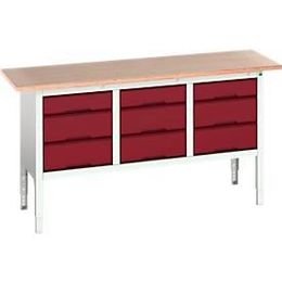 Bott Kastenwerkbank Boot verso, mit Multiplex-Platte, 9 Schubladen, B 1750 x T 600 x H 830 - 930 mm, RAL 7035 Lichtgrau / RAL 3004 Purpurrot