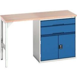 Unterbauwerkbank Bott verso, Multiplex-Platte, 2 Schubladen, 1 Tür, 1 Ablageboden, B 1500 x T 600 x H 930 mm, Lichtgrau / Enzianblau