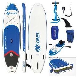 SUP-Board EXPLORER "Hybrid 10.6 Doppelkammer Komplettset" Wassersportboards Gr. 320 x 84 x 15cm 320 cm, blau (blau, weiß) mit Paddel, Kajaksitz, Pumpe, Fangleine, Packsack