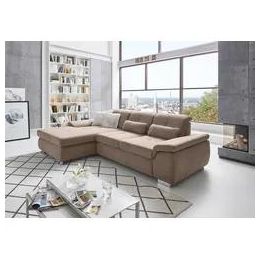 Ecksofa DIE PLANBAR "MP-IN16037 L-Form" Sofas Gr. B/H/T: 289cm x 85cm x 195cm, Chenille, Ottomane links, Sitztiefenverstellung-Kopfteilverstellung-Ausziehbettfunktion-Bettkasten, braun (mandel) mit Sitztiefenverstellung & Zierkissen, Federkern