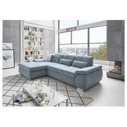 Ecksofa DIE PLANBAR "MP-IN16037 L-Form" Sofas Gr. B/H/T: 289cm x 85cm x 195cm, Chenille, Ottomane links, Sitztiefenverstellung-Kopfteilverstellung-Ausziehbettfunktion-Bettkasten, blau (ice) mit Sitztiefenverstellung & Zierkissen, Federkern