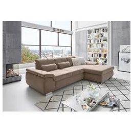 Ecksofa DIE PLANBAR "MP-IN16037 L-Form" Sofas Gr. B/H/T: 289cm x 85cm x 195cm, Chenille, Ottomane rechts, Sitztiefenverstellung-Kopfteilverstellung-Ausziehbettfunktion-Bettkasten, braun (mandel) mit Sitztiefenverstellung & Zierkissen, Federkern