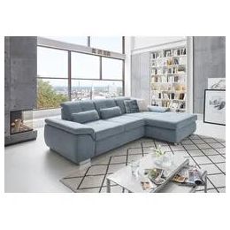 Ecksofa DIE PLANBAR "MP-IN16037 L-Form" Sofas Gr. B/H/T: 289cm x 85cm x 195cm, Chenille, Ottomane rechts, Sitztiefenverstellung-Kopfteilverstellung-Ausziehbettfunktion-Bettkasten, blau (ice) mit Sitztiefenverstellung & Zierkissen, Federkern