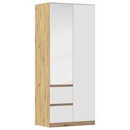 Drehtürenschrank Rauch "Kleiderschrank Schrank mit Spiegel Garderobe Garderobenschrank MAINZ" Schränke Gr. B/H/T: 91cm x 210cm x 54cm, 2 St., weiß (eiche artisan/alpinweiß) grifflose Front mit Spiegel, Außentüren Push-to-Open Funktion