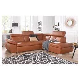 Ecksofa exxpo - SOFA FASHION "Spring, super bequem und komfortabel mit Armteil- und Kopfteilfunktion", braun (cognac), B:274cm H:81cm T:206cm, NaturLEDER (echtes Rindsleder) in Sitz und Rücken. Korpus in passendem Kunstleder SOFTLUX bezogen, Luxus-Microfaser (100% Polyester), Struktur ( 100% Polyester), Sofas, wahlweise mit Bettfunktion und Bettkasten, L-Form