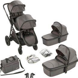 Zwillings-Kombikinderwagen BABYGO "Duo, grau" grau Baby Kinderwagen inkl. Wickeltasche u. 2 Regenhauben