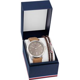 Quarzuhr Tommy Hilfiger Armbanduhren braun Herren Armbanduhr, Herrenuhr, Lederarmband, ideal als Geschenk, Datum