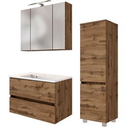 Badmöbel-Set Welltime "Welltime Möbel Baabe Waschtisch-Set 3tlg. oder 5tlg.", braun (wotaneiche), Set 2 3tlg.: Waschtisch 80cm breit, Spiegelschrank 80cm breit, Midischrank, Holzwerkstoff, Kastenmöbel-Sets, gedämpfte Scharniere und Softclose-Funktion, inklusive LED-Beleuchtung