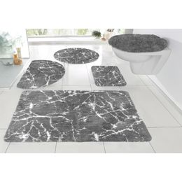 Badematte LEONIQUE "Marble" Badematten Gr. 3-tlg. Hänge-WC Set, 3 St., Polyester, grau (anthrazit) Badteppich, Marmor-Design, auch als 3-teiliges Badematten Set