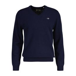 V-Ausschnitt-Pullover Gant "EXTRAFINE LAMBSWOOL V-NECK" Gr. M, blau (marine) Herren Pullover mit Logostickerei