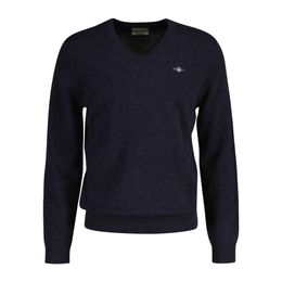 V-Ausschnitt-Pullover Gant "EXTRAFINE LAMBSWOOL V-NECK" Gr. L, blau (dark navy melange) Herren Pullover mit Logostickerei