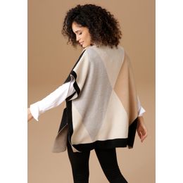 Strickponcho Aniston SELECTED, Damen, Gr. 1 (34/38/40), bunt (hellbraun, creme, hellgrau, schwarz), Strick, Obermaterial: 50% Viskose, 28% Polyester, 22% Nylon, gemustert, elegant, lässig geschnitten Po-bedeckend, Halbarm, Pullover, mit kleinem Stehkragen