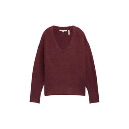 Tom Tailor Denim Damen Relaxed Strickpullover mit V-Ausschnitt, rot, Uni, Gr. L