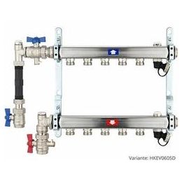 HEIMA-PRESS Heizkörperverteiler aus Edelstahl für 5 Heizkreise - mit WMZ-Anschlussset 110 mm senkrecht