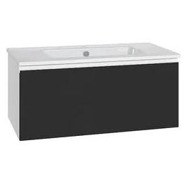 Evenes Waschtischunterschrank + Keramik-Waschtisch ELA, Korpus weiß seidenmatt, Front schwarz seidenmatt, 910 x 420 x 510 mm - 93 143 98