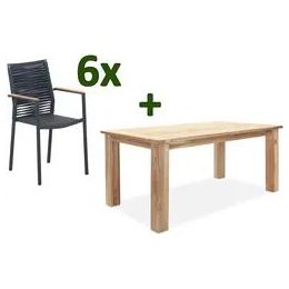 OUTFLEXX Theo Garten-Essgruppe, anthrazit/natur, Alu/Rope/FSC®/SLVK-Teakholz, Tisch 180x90 cm, 6x Dining Sessel