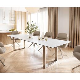 DeLife Esstisch Edge 300x100 Keramik Laminam® Statuarietto Weiß Edelstahl Schmal, Esstische