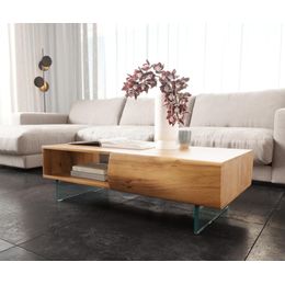 DeLife Couchtisch New Live-Edge 115x60 cm Akazie Natur 2 Schubladen 1 Fach Glasfuß schwebend, Couchtische, Baumkantenmöbel, Massivholzmöbel, Massivholz