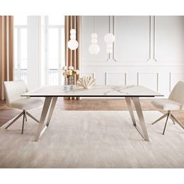 DeLife Esstisch Edge 200x100 Keramik Calacatta Luxe Weiß-Gold-Grau Edelstahl Schräg, Esstische