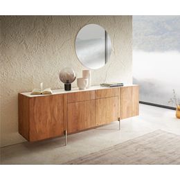 DeLife Sideboard Secara 200 cm Akazie Natur 4 Türen 2 Schübe Marmor Füße Edelstahl, Sideboards