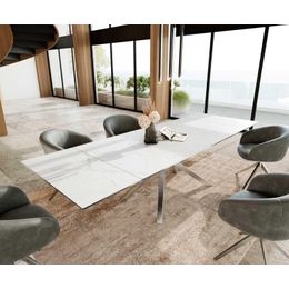 DeLife Esstisch Edge 200-300x100 Keramik Laminam®Statuarietto Weiß Kreuzgestell Rechteck Edelstahl ausziehbar, Esstische