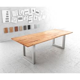 DeLife Esstisch Edge 240x100cm Akazie Natur Edelstahl breit Live-Edge, Esstische, Baumkantenmöbel, Massivholzmöbel, Massivholz