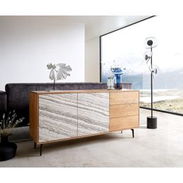 DeLife Sideboard Kleo 147 cm Akazie Natur 2 Türen 3 Schübe Winkelfuß Metall Schwarz, Sideboards