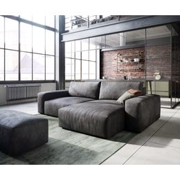 DeLife Ecksofa Lanzo L 260x160 cm Lederimitat Vintage Anthrazit Recamiere variabel mit Hocker, Ecksofas