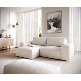 DeLife Ecksofa Lanzo L 260x160 cm Bouclé Creme-Weiß Recamiere variabel mit Hocker, Ecksofas