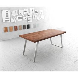 DeLife Esstisch Edge 180x90cm XL Akazie Braun Edelstahl schräg Live-Edge, Esstische, Baumkantenmöbel, Massivholzmöbel, Massivholz