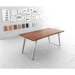 DeLife Esstisch Edge 180x90cm Akazie Braun Edelstahl Silber schräg Live-Edge, Esstische, Baumkantenmöbel, Massivholzmöbel, Massivholz