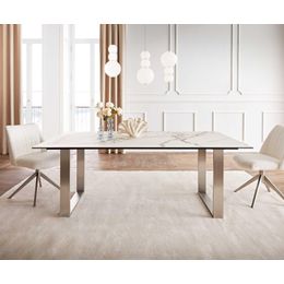 DeLife Esstisch Edge 200x100 Keramik Calacatta Luxe Weiß-Gold-Grau Edelstahl Schmal, Esstische