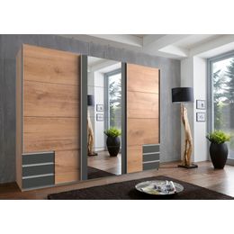 Schwebetürenschrank wimex "Emden moderner Kleiderschrank mit Spiegel und Schubladen BESTSELLER" Schränke Gr. B/H/T: 270 cm x 210 cm x 64 cm, 2, grau (plankeneiche nachbildung, graphit) Schlafzimmer Schrank Garderobenschrank mit Schwebetüren Topseller