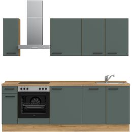 Küchenzeile Nobilia ""Easytouch basic"", grün (küche: front: lacklaminat mineralgrün ultramatt, korpus: eiche sierra nachbildung, arbeitsplatte: eiche sierra nachbildung, arbeitsplatte: eiche sierra nachbildung), B:240,3cm H:216,6cm T:60cm, Komplettküchen-Sets, vormontiert, Ausrichtung wählbar, Breite 240 cm, ohne E-Geräte