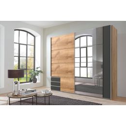 Schwebetürenschrank wimex "Emden moderner Kleiderschrank mit Spiegel und Schubladen BESTSELLER" Schränke Gr. B/H/T: 225 cm x 210 cm x 64 cm, 2, grau (plankeneiche nachbildung, graphit) Schlafzimmer Schrank Garderobenschrank mit Schwebetüren Topseller