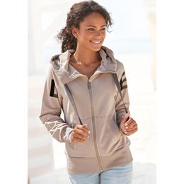 Sweatjacke ELBSAND "Kekoa" Gr. L (40), beige (sand) Damen Sweatjacken mit großem Logodruck hinten, bequeme Freizeitjacke Taschen