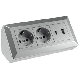 Chilitec Steckdosenblock 23573, 2-fach, USB-A+C, 16A/250V, silber