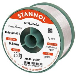Stannol L&ouml;tzinn Kristall 611, TC, Sn99,3Cu0,7, Fairtin Flowtin, 0,5 mm, 250 g