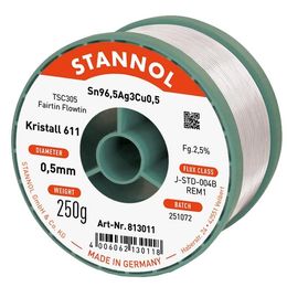 Stannol L&ouml;tzinn Kristall 611, TSC305, Sn96,5Ag3,0Cu0,5, Fairtin Flowtin, 0,5 mm, 250 g