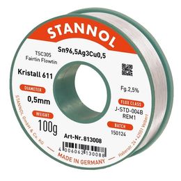 Stannol L&ouml;tzinn Kristall 611, TSC305, Sn96,5Ag3,0Cu0,5, Fairtin Flowtin, 0,5 mm, 100 g